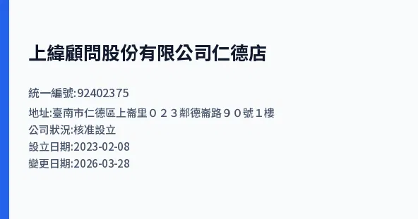 上緯顧問股份有限公司仁德店的照片-統編 92402375(臺南市) 公司登記資料與營業項目詳細圖表
