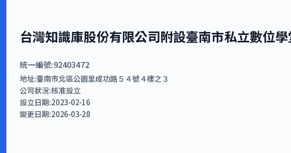 台灣知識庫股份有限公司附設臺南市私立數位學堂文理短期補習班的照片-統編 92403472(臺南市) 公司登記資料與營業項目詳細圖表