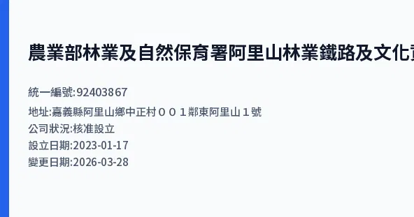 農業部林業及自然保育署阿里山林業鐵路及文化資產管理處阿里山車站的照片-統編 92403867(嘉義縣) 公司登記資料與營業項目詳細圖表