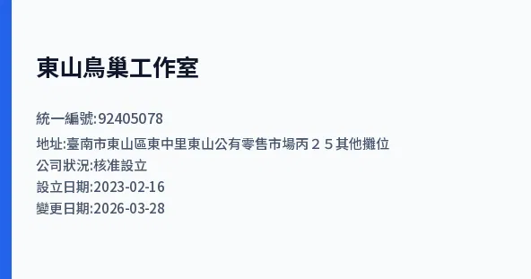 東山鳥巢工作室的照片-統編 92405078(臺南市) 公司登記資料與營業項目詳細圖表