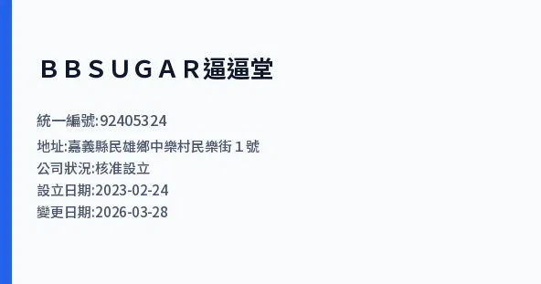 BB SUGAR逼逼堂的照片-統編 92405324(嘉義縣) 公司登記資料與營業項目詳細圖表