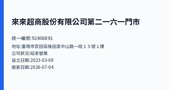 來來超商股份有限公司第二一六一門市的照片-統編 92406891(臺南市) 公司登記資料與營業項目詳細圖表