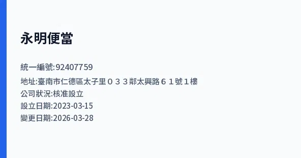 永明便當的照片-統編 92407759(臺南市) 公司登記資料與營業項目詳細圖表