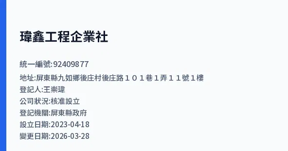 瑋鑫工程企業社的照片-統編 92409877(屏東縣) 公司登記資料與營業項目詳細圖表