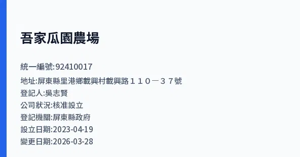 吾家瓜園農場的照片-統編 92410017(屏東縣) 公司登記資料與營業項目詳細圖表