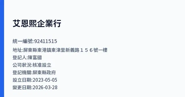艾恩熙企業行的照片-統編 92411515(屏東縣) 公司登記資料與營業項目詳細圖表