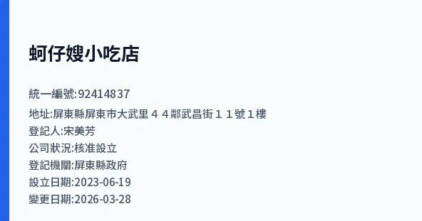 蚵仔嫂小吃店的照片-統編 92414837(屏東縣) 公司登記資料與營業項目詳細圖表