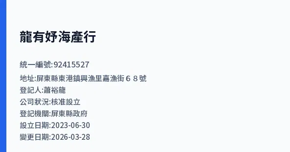 龍有妤海產行的照片-統編 92415527(屏東縣) 公司登記資料與營業項目詳細圖表