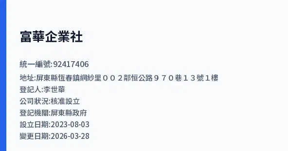 富華企業社的照片-統編 92417406(屏東縣) 公司登記資料與營業項目詳細圖表
