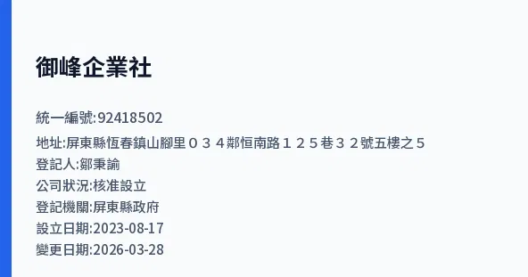 御峰企業社的照片-統編 92418502(屏東縣) 公司登記資料與營業項目詳細圖表