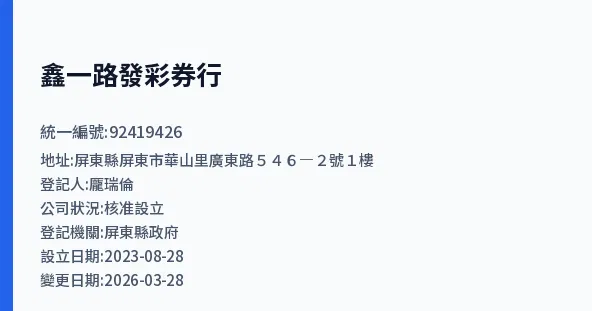 鑫一路發彩券行的照片-統編 92419426(屏東縣) 公司登記資料與營業項目詳細圖表