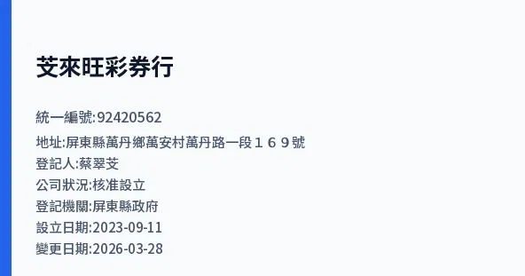 芠來旺彩券行的照片-統編 92420562(屏東縣) 公司登記資料與營業項目詳細圖表