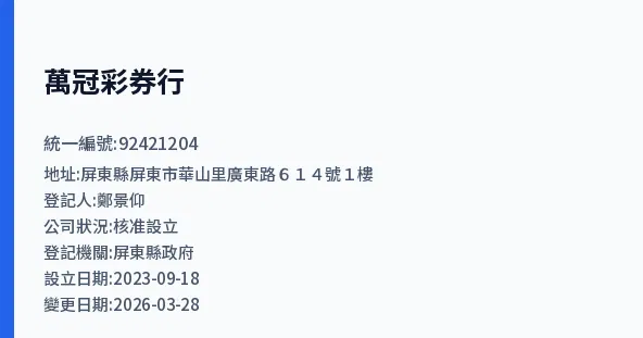 萬冠彩券行的照片-統編 92421204(屏東縣) 公司登記資料與營業項目詳細圖表