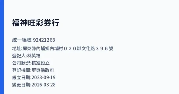 福神旺彩券行的照片-統編 92421268(屏東縣) 公司登記資料與營業項目詳細圖表