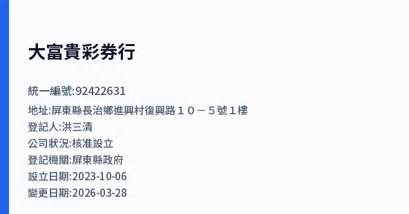 大富貴彩券行的照片-統編 92422631(屏東縣) 公司登記資料與營業項目詳細圖表