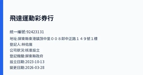 飛達運動彩券行的照片-統編 92423131(屏東縣) 公司登記資料與營業項目詳細圖表