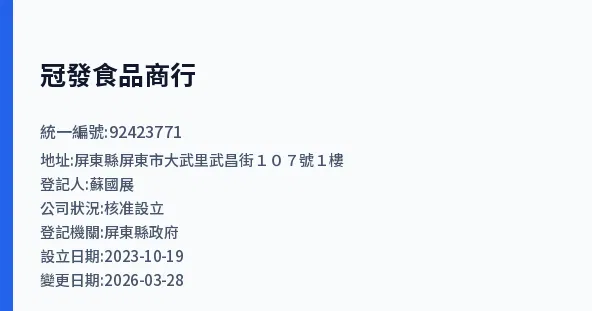 冠發食品商行的照片-統編 92423771(屏東縣) 公司登記資料與營業項目詳細圖表