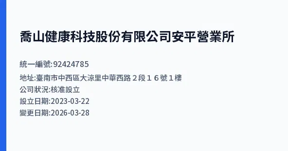 喬山健康科技股份有限公司安平營業所的照片-統編 92424785(臺南市) 公司登記資料與營業項目詳細圖表