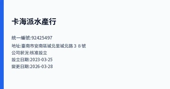 卡海派水產行的照片-統編 92425497(臺南市) 公司登記資料與營業項目詳細圖表