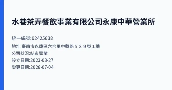 水巷茶弄餐飲事業有限公司永康中華營業所的照片-統編 92425638(臺南市) 公司登記資料與營業項目詳細圖表