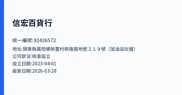信宏百貨行的照片-統編 92426572(屏東縣) 公司登記資料與營業項目詳細圖表
