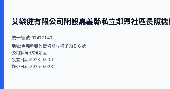 艾樂健有限公司附設嘉義縣私立鄰聚社區長照機構的照片-統編 92427143(嘉義縣) 公司登記資料與營業項目詳細圖表