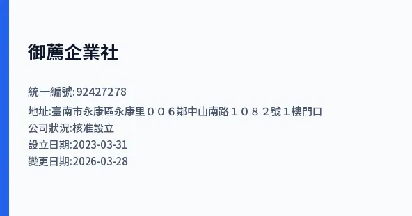 御薦企業社的照片-統編 92427278(臺南市) 公司登記資料與營業項目詳細圖表