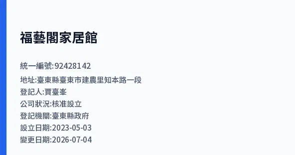 福藝閣家居館的照片-統編 92428142(臺東縣) 公司登記資料與營業項目詳細圖表