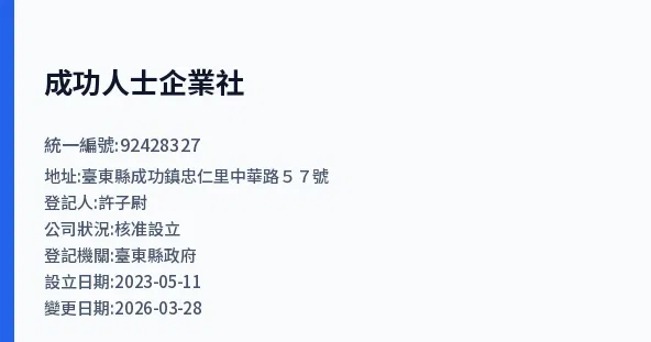 成功人士企業社的照片-統編 92428327(臺東縣) 公司登記資料與營業項目詳細圖表