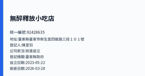無醉釋放小吃店的照片-統編 92428635(臺東縣) 公司登記資料與營業項目詳細圖表