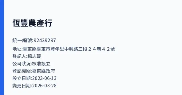 恆豐農產行的照片-統編 92429297(臺東縣) 公司登記資料與營業項目詳細圖表
