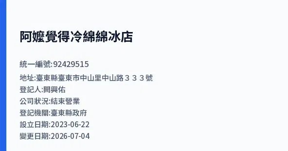 阿嬤覺得冷綿綿冰店的照片-統編 92429515(臺東縣) 公司登記資料與營業項目詳細圖表