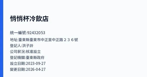 悄悄杯冷飲店的照片-統編 92432053(臺東縣) 公司登記資料與營業項目詳細圖表