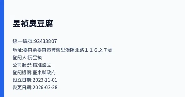 昱禎臭豆腐的照片-統編 92433807(臺東縣) 公司登記資料與營業項目詳細圖表