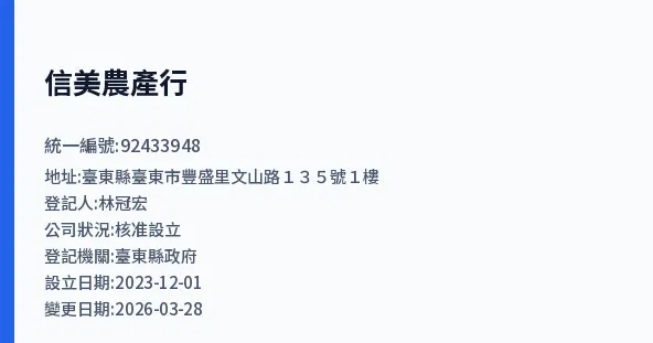 信美農產行的照片-統編 92433948(臺東縣) 公司登記資料與營業項目詳細圖表