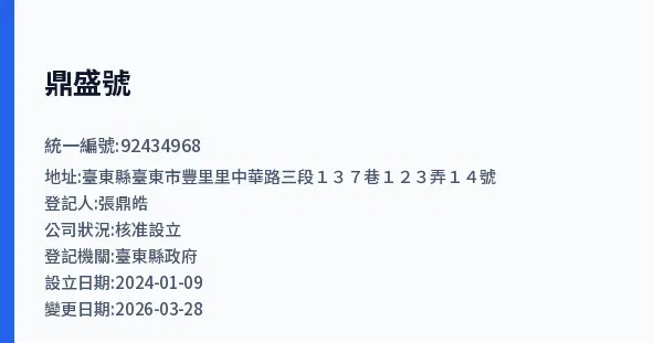 鼎盛號的照片-統編 92434968(臺東縣) 公司登記資料與營業項目詳細圖表