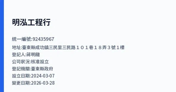 明泓工程行的照片-統編 92435967(臺東縣) 公司登記資料與營業項目詳細圖表