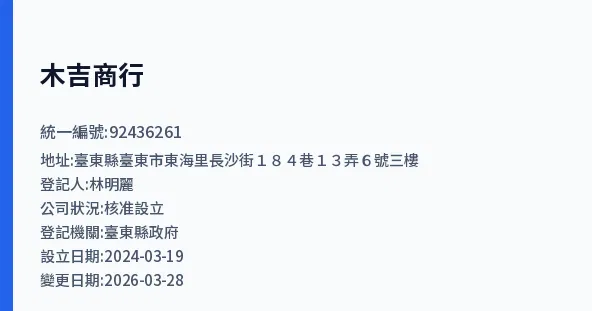 木吉商行的照片-統編 92436261(臺東縣) 公司登記資料與營業項目詳細圖表