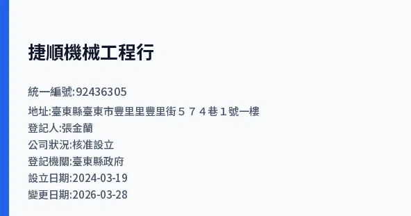 捷順機械工程行的照片-統編 92436305(臺東縣) 公司登記資料與營業項目詳細圖表