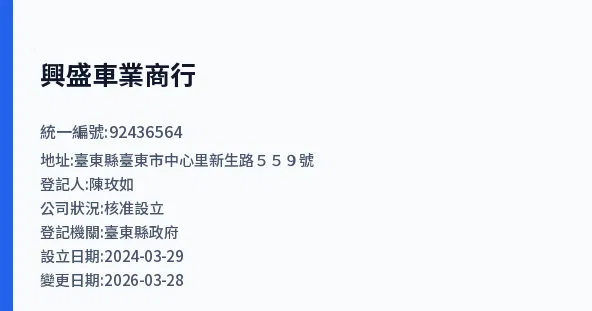 興盛車業商行的照片-統編 92436564(臺東縣) 公司登記資料與營業項目詳細圖表