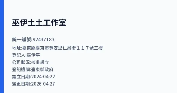 巫伊土土工作室的照片-統編 92437183(臺東縣) 公司登記資料與營業項目詳細圖表