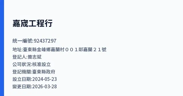 嘉宬工程行的照片-統編 92437297(臺東縣) 公司登記資料與營業項目詳細圖表