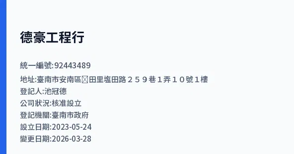 德豪工程行的照片-統編 92443489(臺南市) 公司登記資料與營業項目詳細圖表
