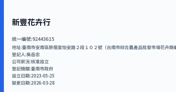 新豐花卉行的照片-統編 92443615(臺南市) 公司登記資料與營業項目詳細圖表