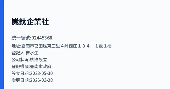 崴鈦企業社的照片-統編 92445368(臺南市) 公司登記資料與營業項目詳細圖表
