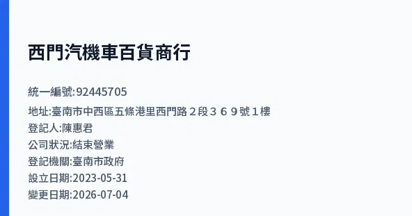 西門汽機車百貨商行的照片-統編 92445705(臺南市) 公司登記資料與營業項目詳細圖表