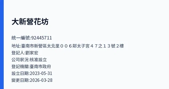 大新營花坊的照片-統編 92445711(臺南市) 公司登記資料與營業項目詳細圖表