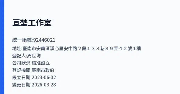 亘埜工作室的照片-統編 92446021(臺南市) 公司登記資料與營業項目詳細圖表