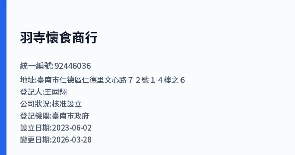 羽寺懷食商行的照片-統編 92446036(臺南市) 公司登記資料與營業項目詳細圖表