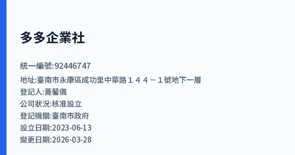 多多企業社的照片-統編 92446747(臺南市) 公司登記資料與營業項目詳細圖表